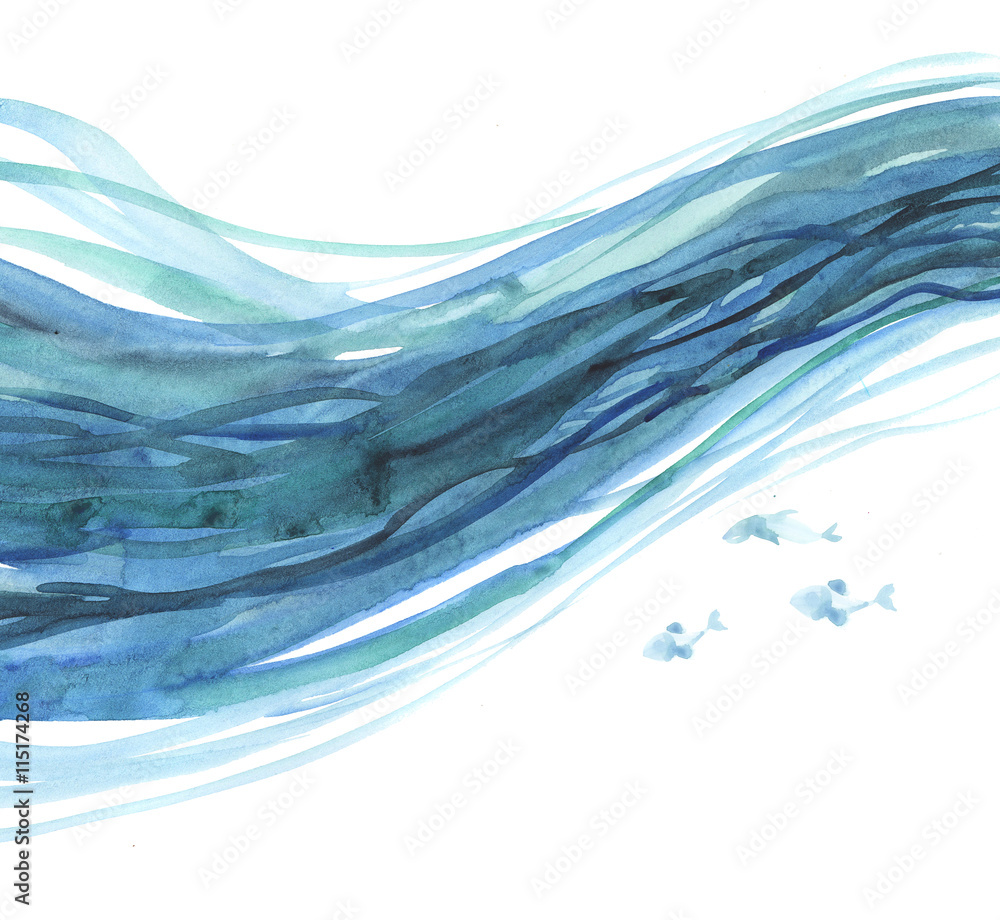 waves background pattern. sea watercolor illustration. blue wate Stock ...