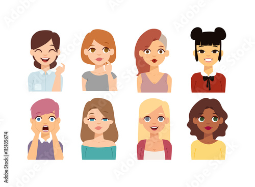 Girl emotion faces cartoon vector illustration. Woman emoji face icons ...