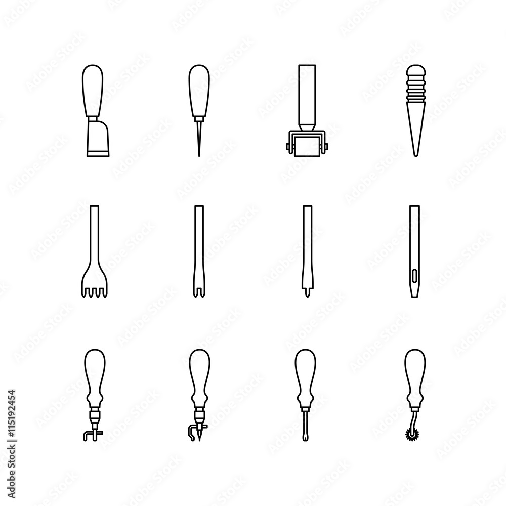 Leather hand craft tool icon set outline style isolated on white ...
