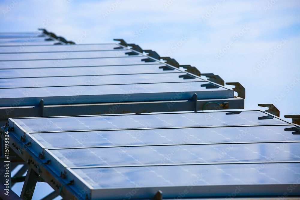 Solar Cell Generated Electrical Power by Sun Light, Closeup of Blue ...