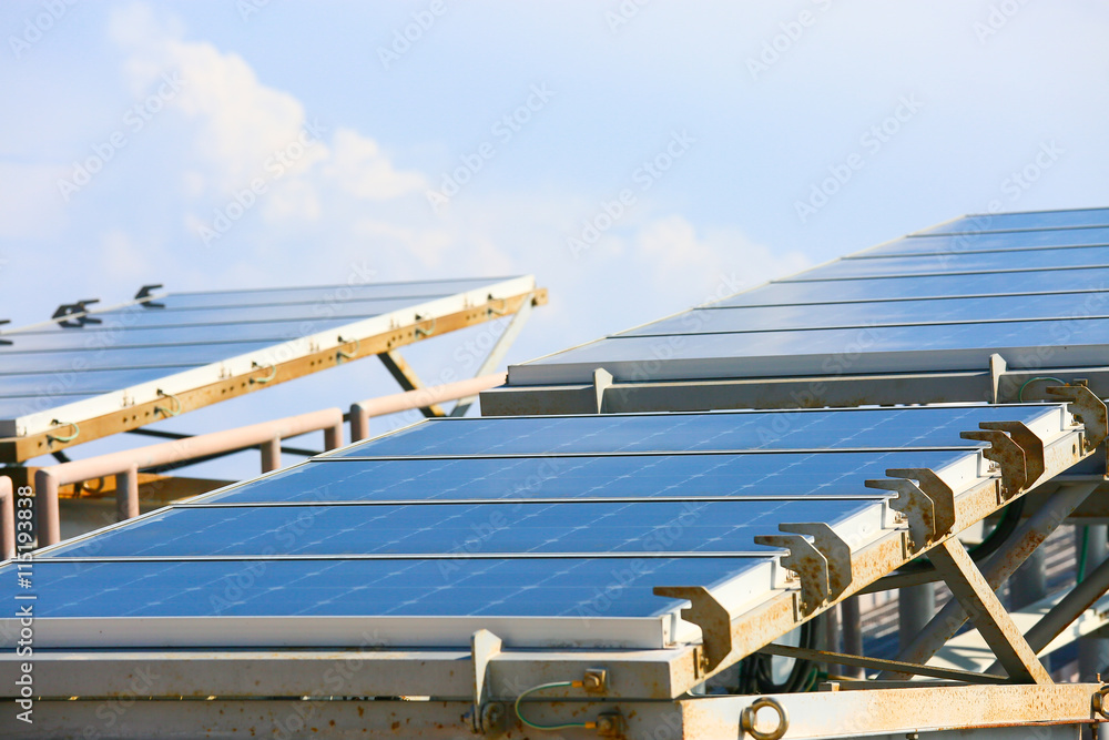 Solar Cell Generated Electrical Power by Sun Light, Closeup of Blue ...