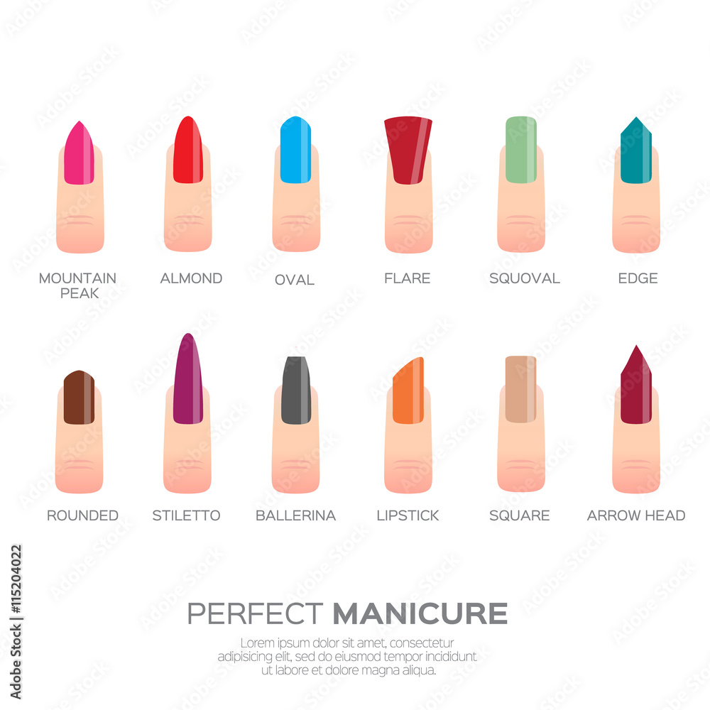 Different colorful nail shapes. Woman fingers. Fingernails fashion ...