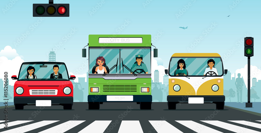 Car and bus stop at the traffic light at the crosswalk. Stock Vector ...