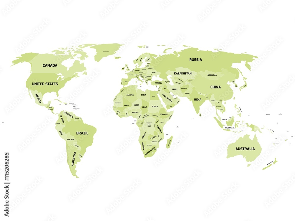 World map with names of sovereign countries and larger dependent ...