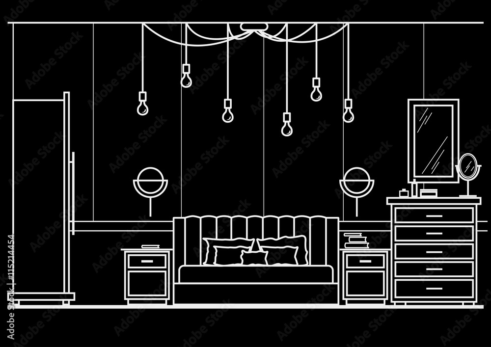 architectural sketch interior modern bedroom front view on black ...