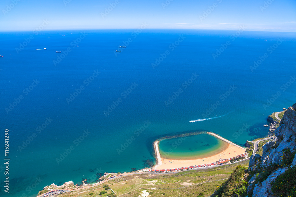 Aerial view of the Sandy Bay beach in Gibraltar of the South West ...