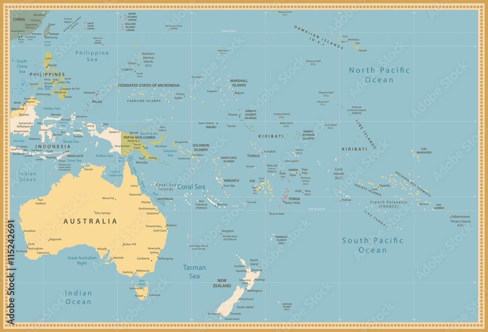 Australia and Oceania detailed political map vintage colors Stock ...
