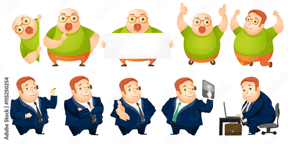Vector set of cheerful fat man illustrations. Stock Vector | Adobe Stock