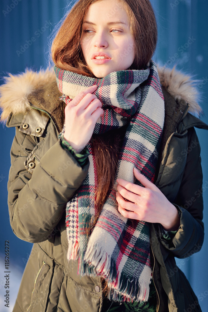 Girl model on the street wearing a scarf Stock-Foto | Adobe Stock