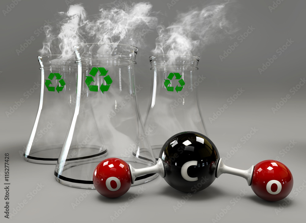 3D Illustrator CO2 molecule with chimney on a gray background. Stock ...