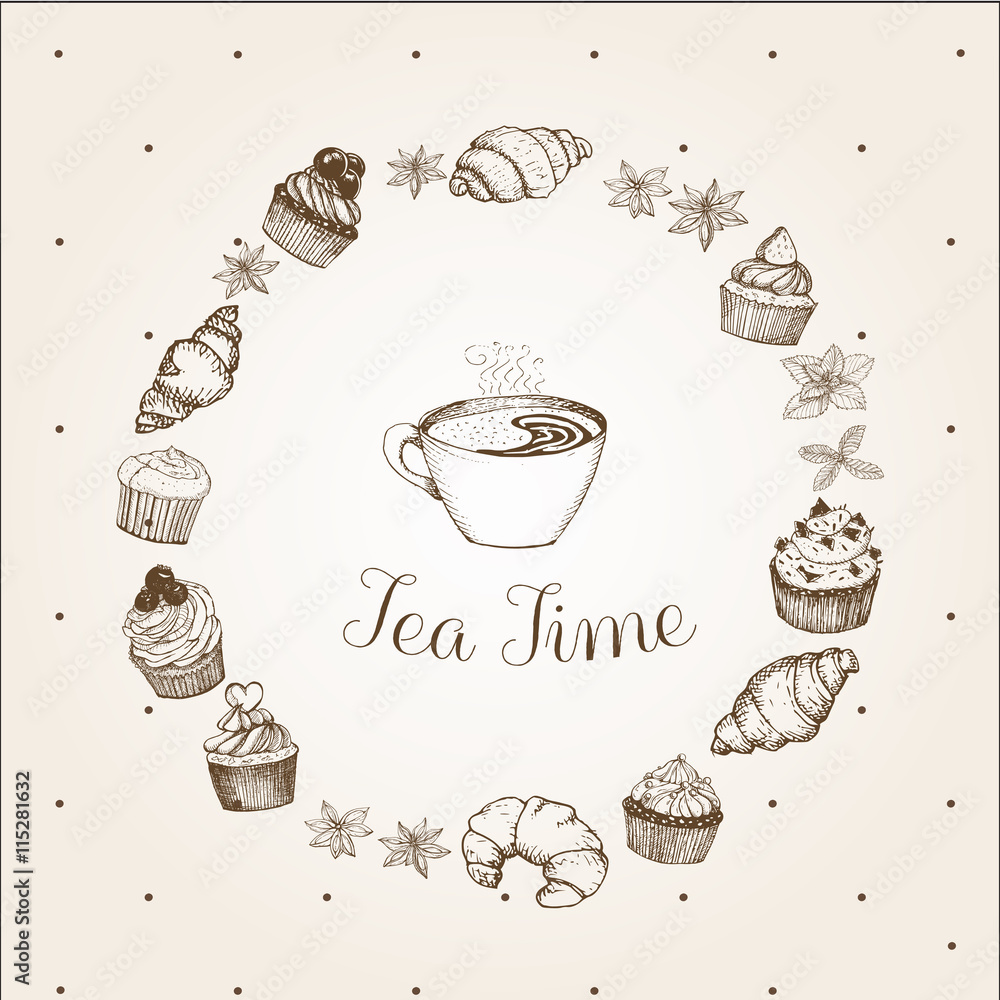 Tea Time set performed in vintage style. Hand drawn illustration. It ...
