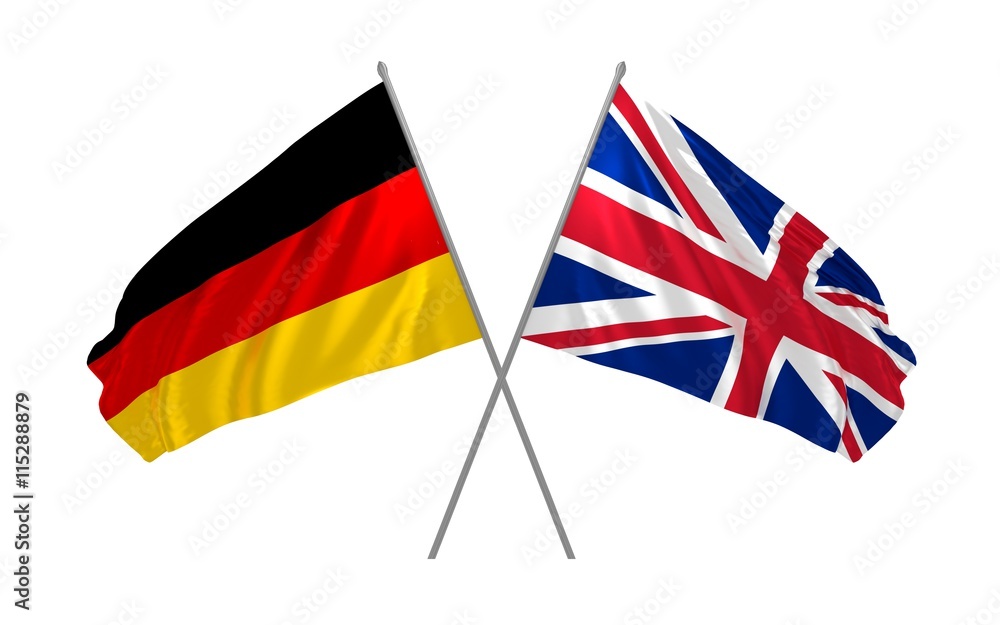 3d illustration of Germany and UK flags together waving in the wind ...