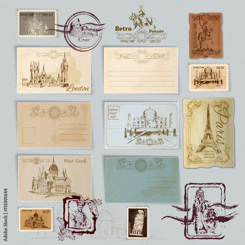 Vintage Postcards Set Stock Vector | Adobe Stock