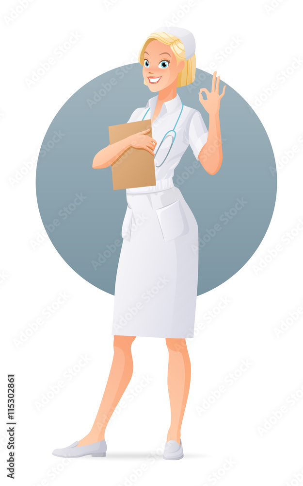 Young beautiful smiling nurse showing ok sign gesture. Cartoon vector ...