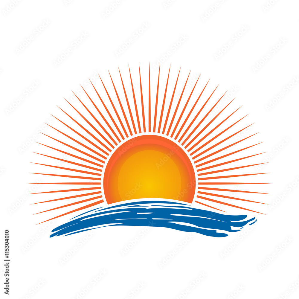 Sun over the sea. Sunrise. Sunshine logo over sea waves. Vector ...