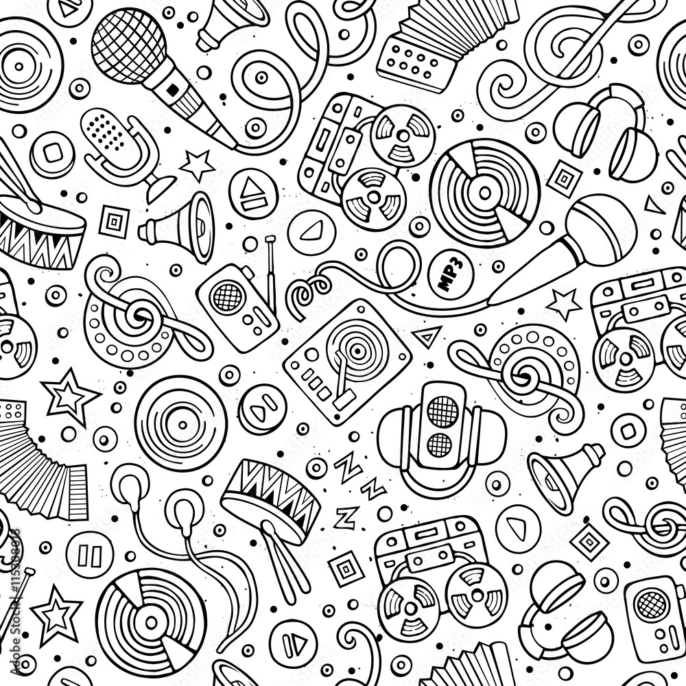 Cartoon hand-drawn musical instruments seamless pattern Stock Vector ...