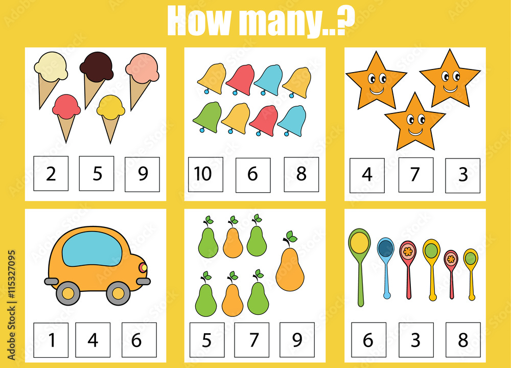 Counting educational children game, kids activity. How many objects ...