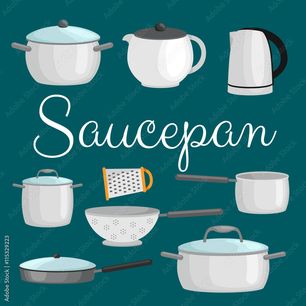 Pans and pots realistic set with frying pan saucepan and bowl grater ...