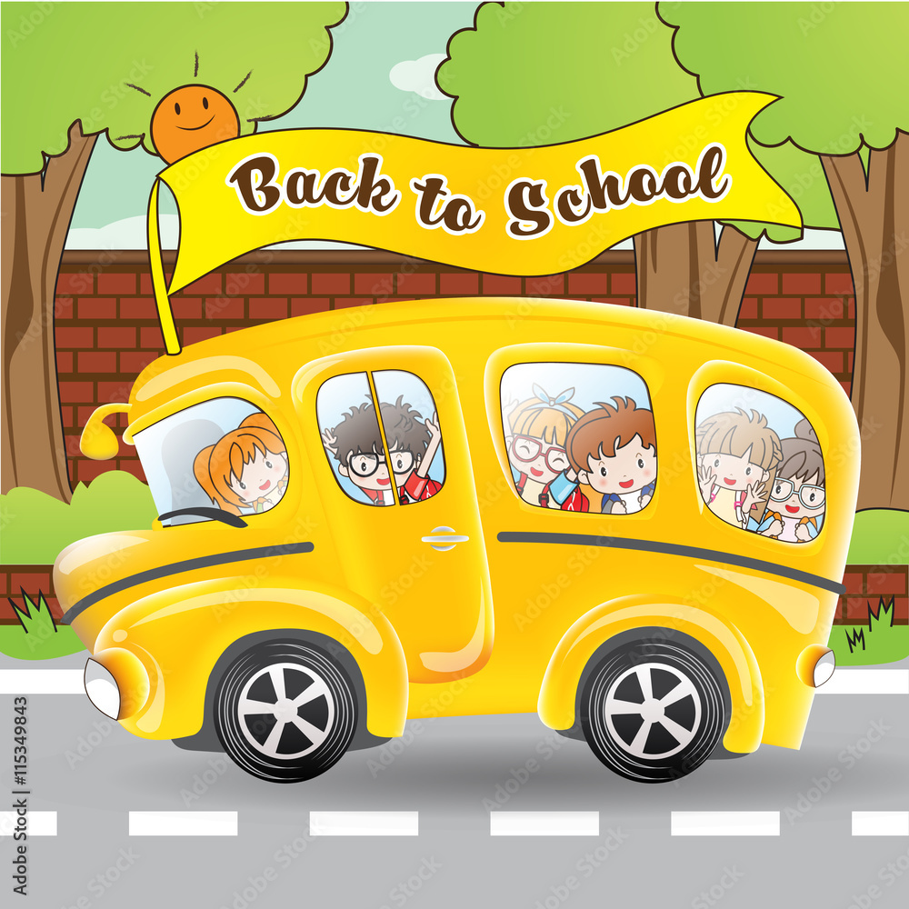 School bus and student by cartoon character Stock Vector | Adobe Stock