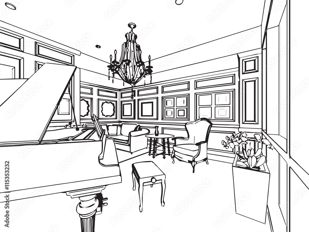 outline sketch drawing interior perspective of house Stock Vector ...