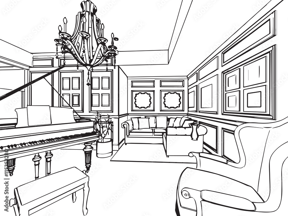 outline sketch drawing interior perspective of house Stock Vector ...