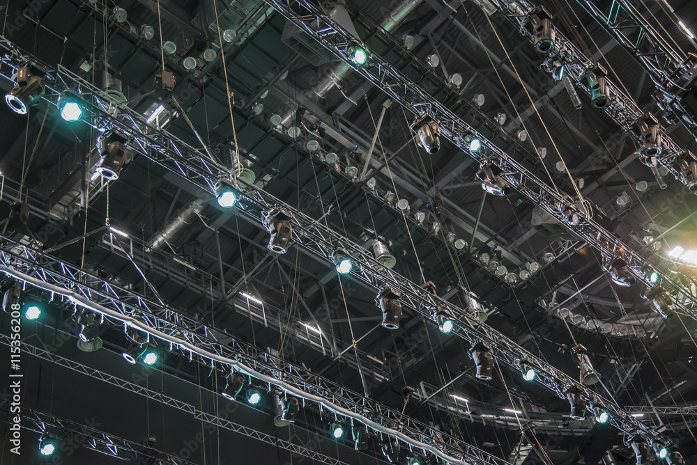 Metal girder extensive scaffolding providing platforms for stage ...