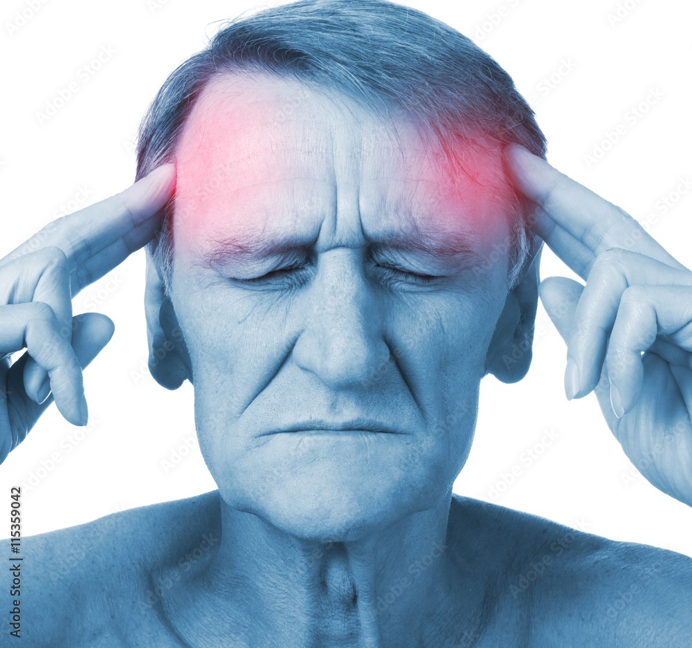 Closeup headshot senior man suffering from headache hands on head with ...