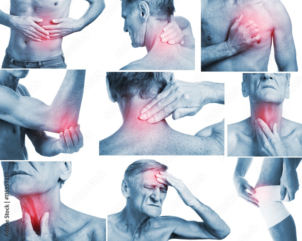 Pain in a man's body. Isolated on white background. Collage of several ...