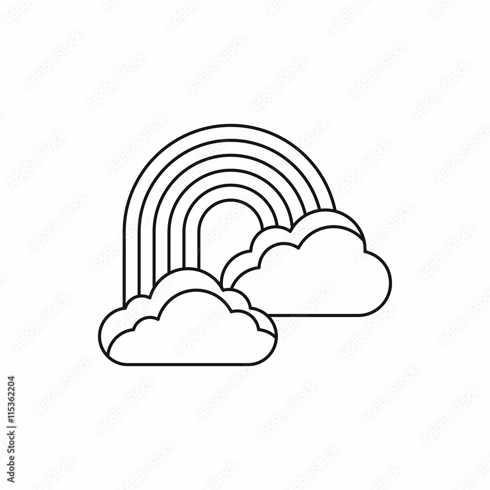 Rainbow and clouds icon in outline style isolated vector illustration ...