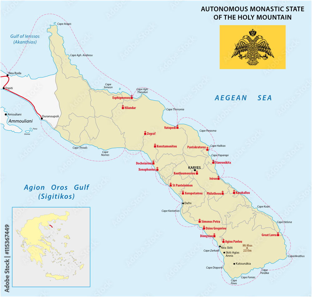 map of the Autonomous Monastic State of the Holy Mountain with flag ...