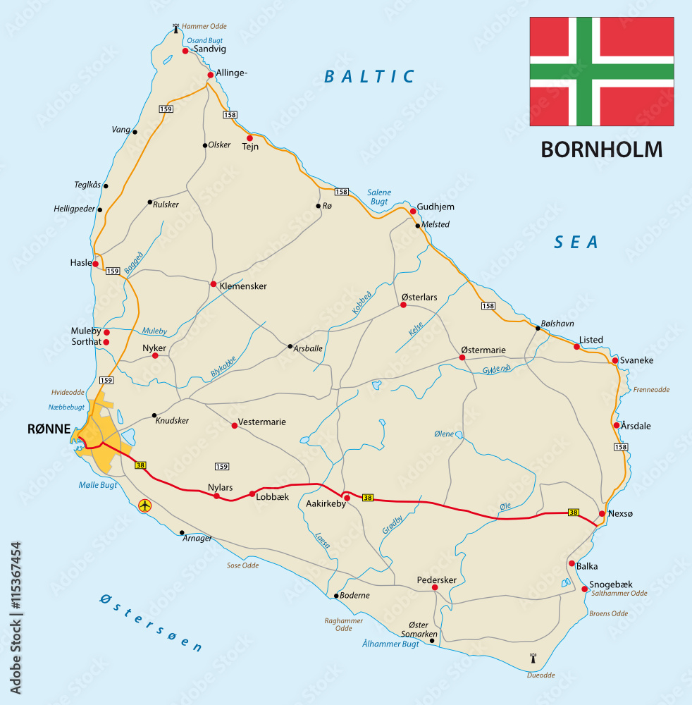 vector road map of the Danish island bornholm in the Baltic sea with ...