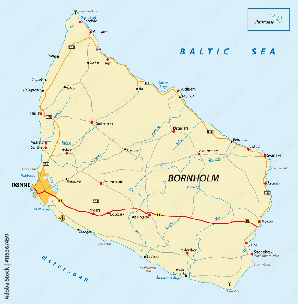 vector road map of the Danish island bornholm in the Baltic sea Stock ... vector road map of the Danish island bornholm in the Baltic sea Stock ...