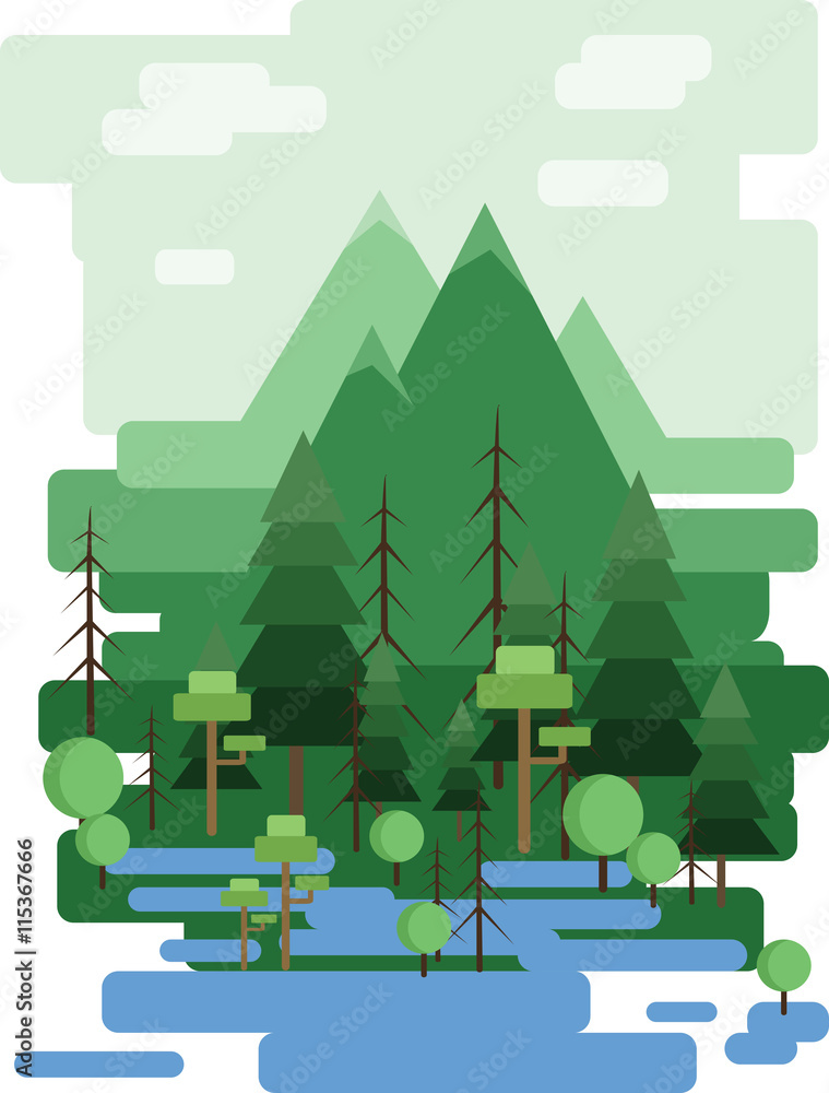 Abstract landscape design with green trees and clouds, a forest and a ...