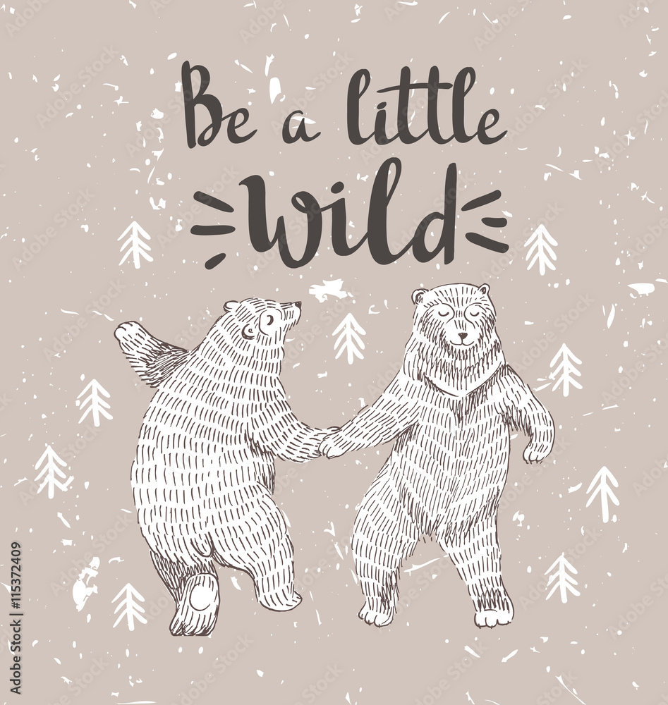 Hand drawn dancing bears in the forest. Vector sketch illustration with ...
