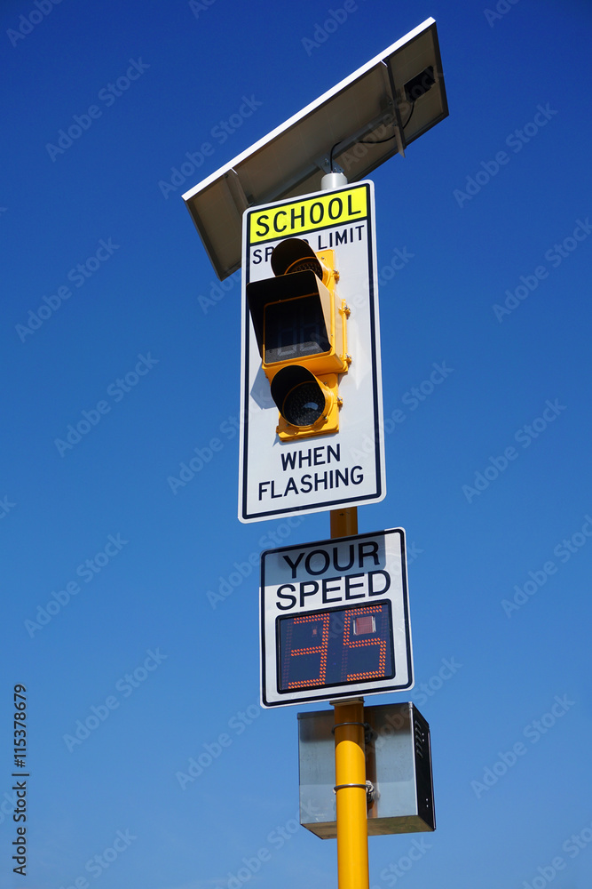 speed limit sign with speed detecting radar and solar panel Stock Photo ...