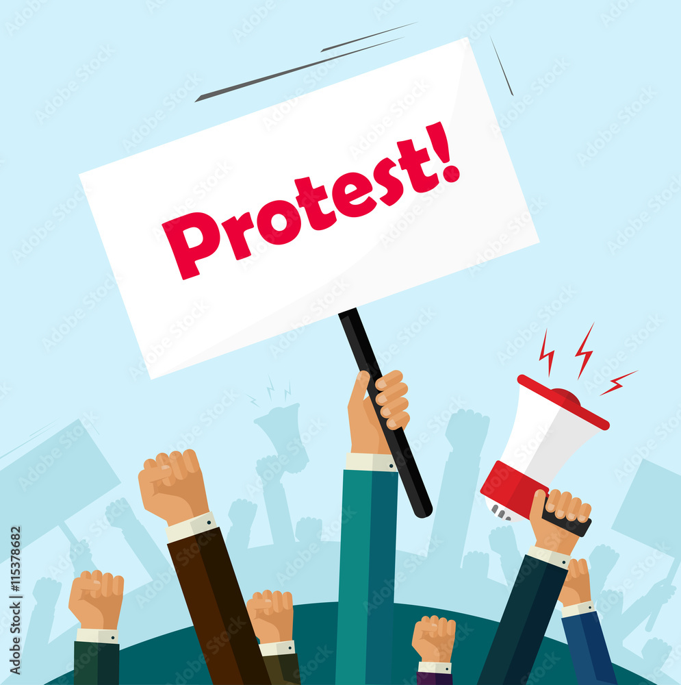 Hands holding protest signs and bullhorn, crowd of people protesters ...