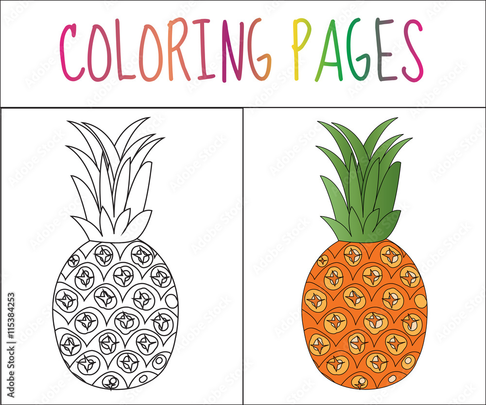 Coloring book page. Pineapple. Sketch and color version. Coloring for ...