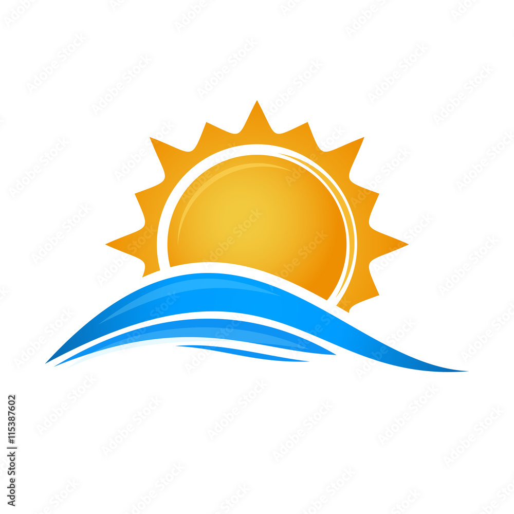 Sun over sea waves. Sun and sea. Sun logo icon isolated on white ...