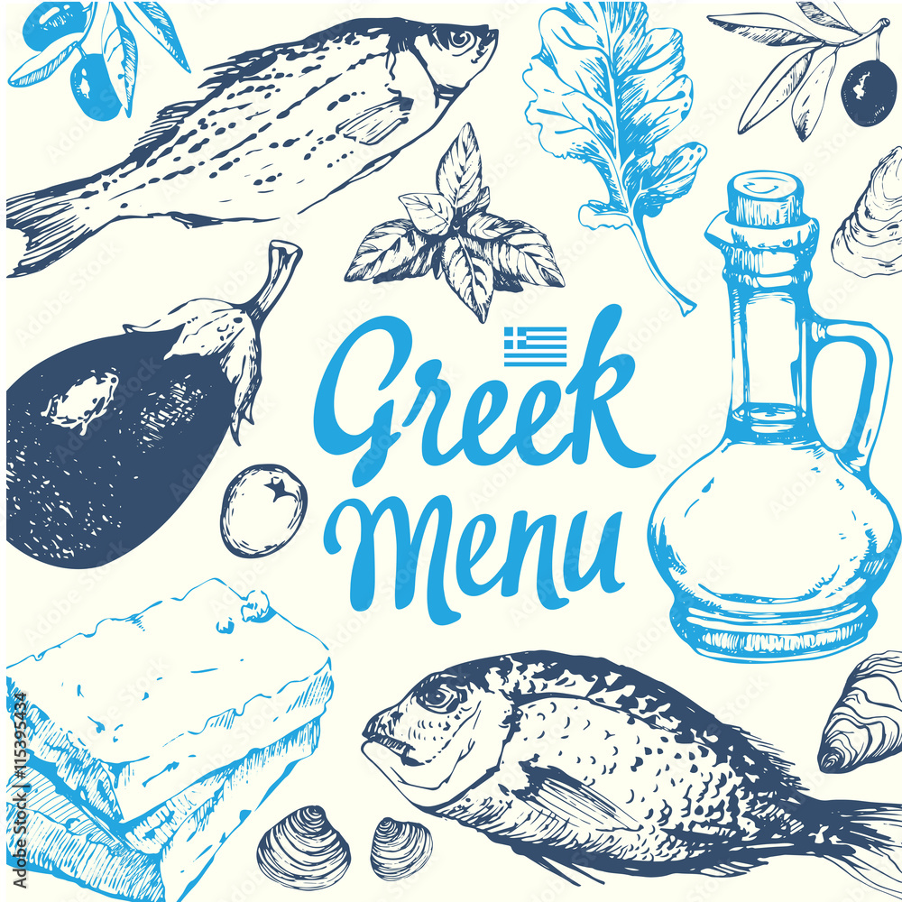 Background with greek food. Menu pattern. Stock Vector | Adobe Stock
