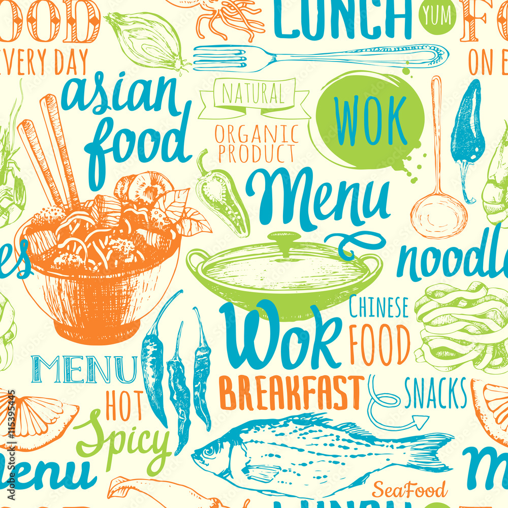 Seamless background with asian street food. Menu pattern. Stock Vector ...