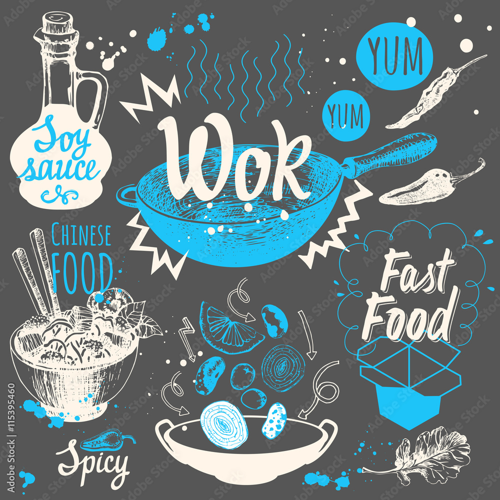 Vector food illustration with wok products. Stock Vector | Adobe Stock