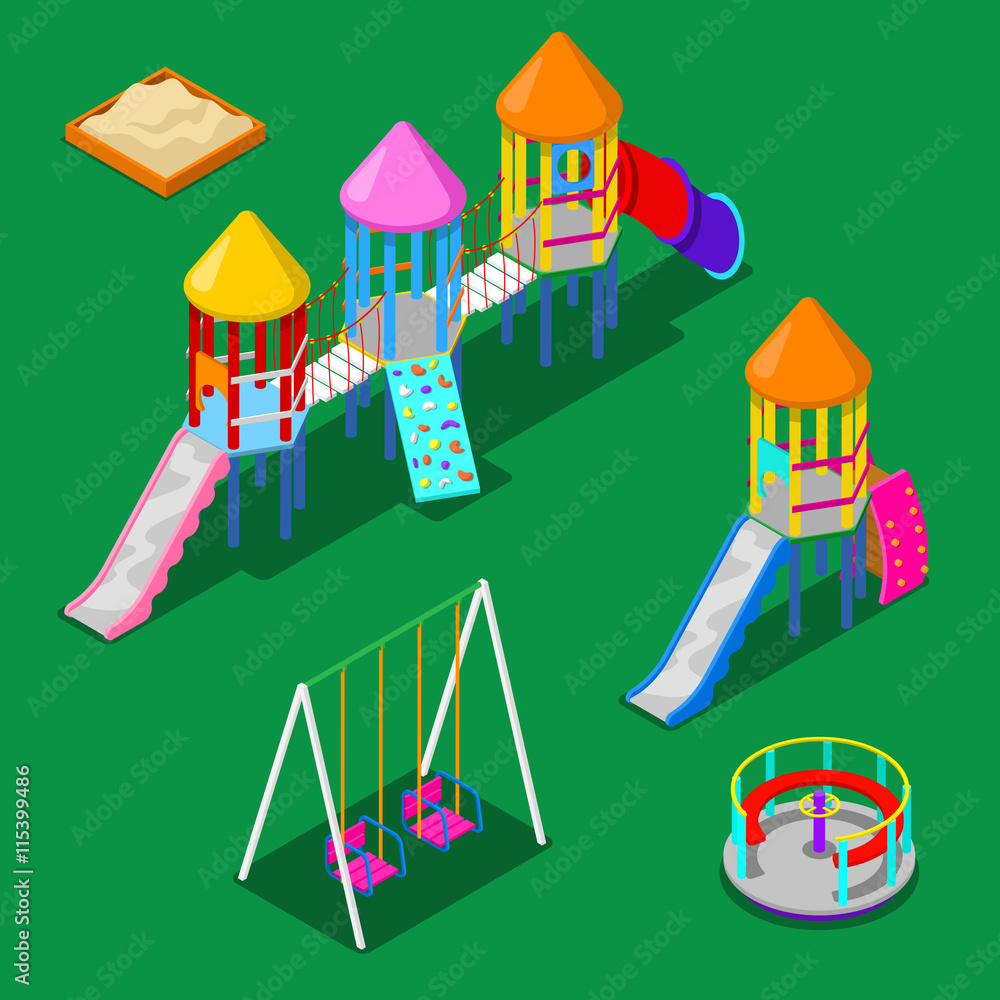 Isometric Children Playground Elements - Sweengs, Carousel, Slide and ... Isometric Children Playground Elements - Sweengs, Carousel, Slide and ...