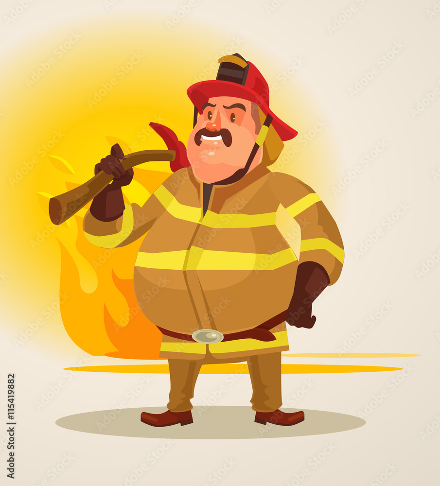 Firefighter with axe stands on fire background. Vector flat cartoon ...