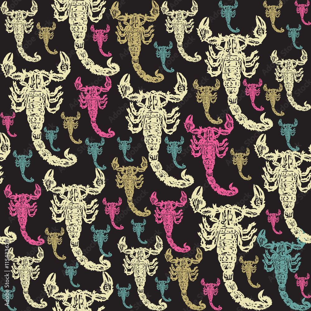 Scorpion colourful seamless vector pattern on black background Stock ...