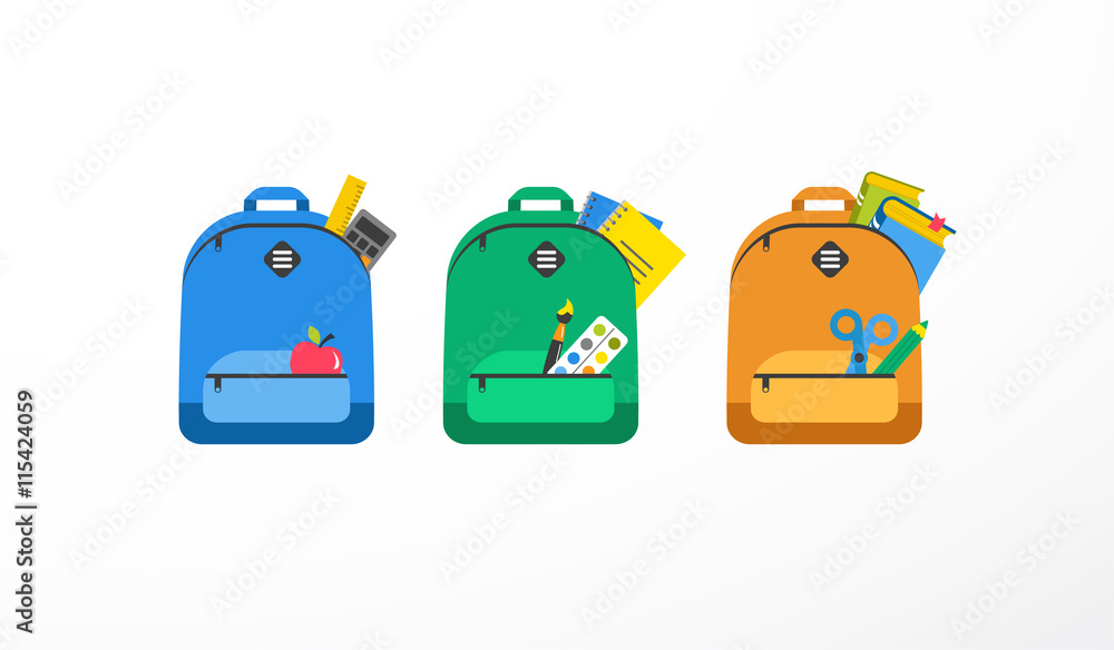 Student bag, backpack colorful set of icons. Back to school concept ...