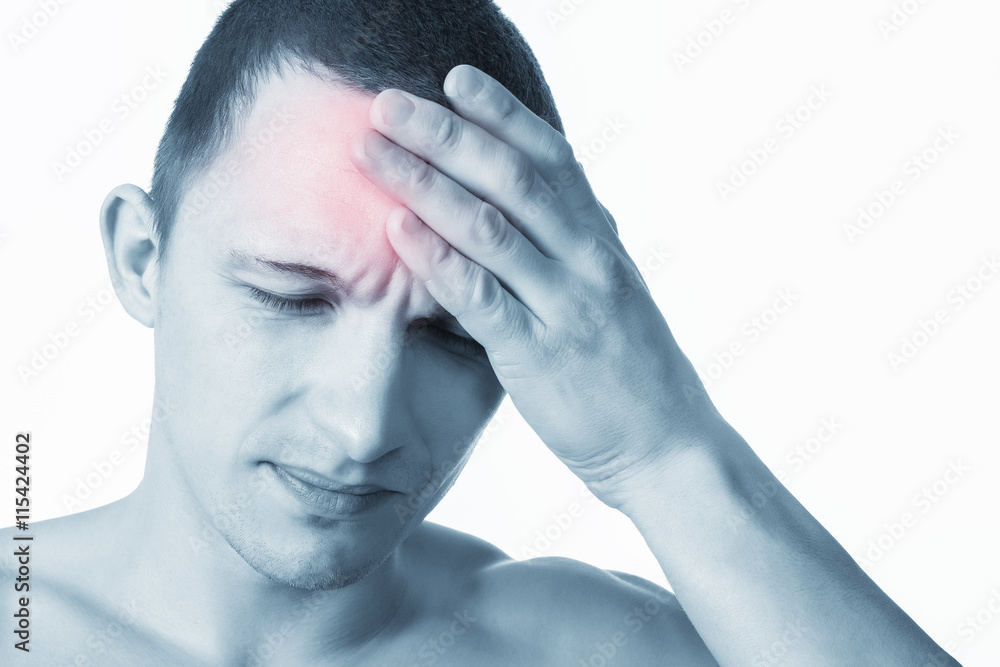 Closeup headshot man suffering from headache hands on head isolated on ...