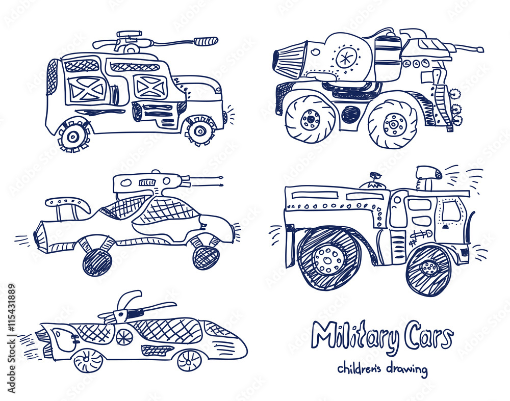 Comic cartoons of military cars. Vector set. Stock Vector | Adobe Stock