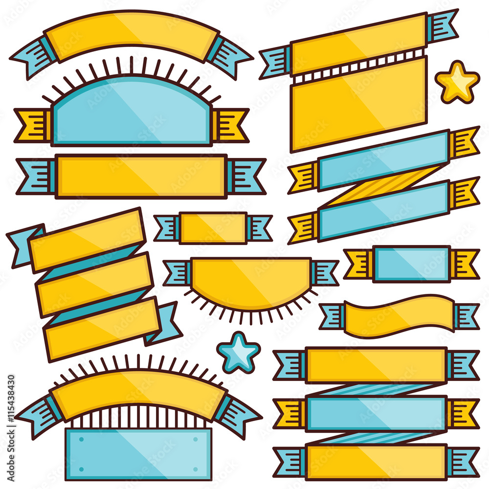 Vector ribbons set. Trendy thin line flat design blue and yellow ...