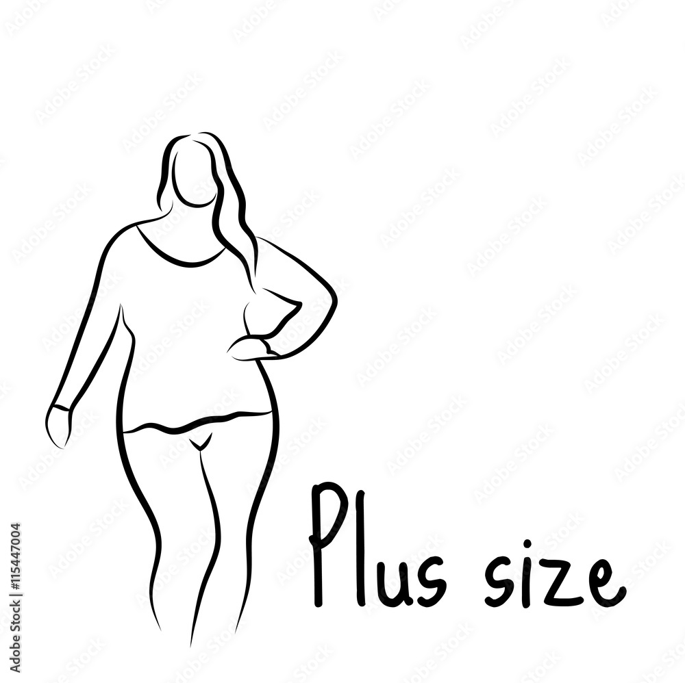 Plus size model woman sketch. Hand drawing style. Fashion logo with ...