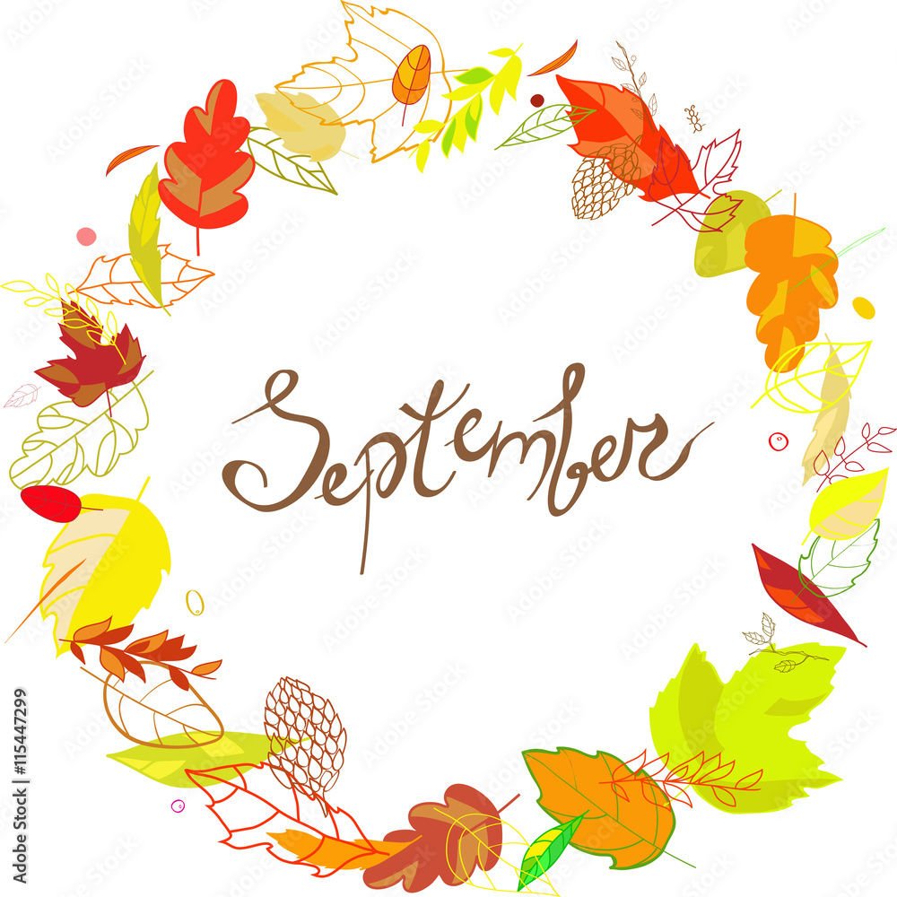 September lettering in a frame of leaves, cones, twigs, autumn elements ...
